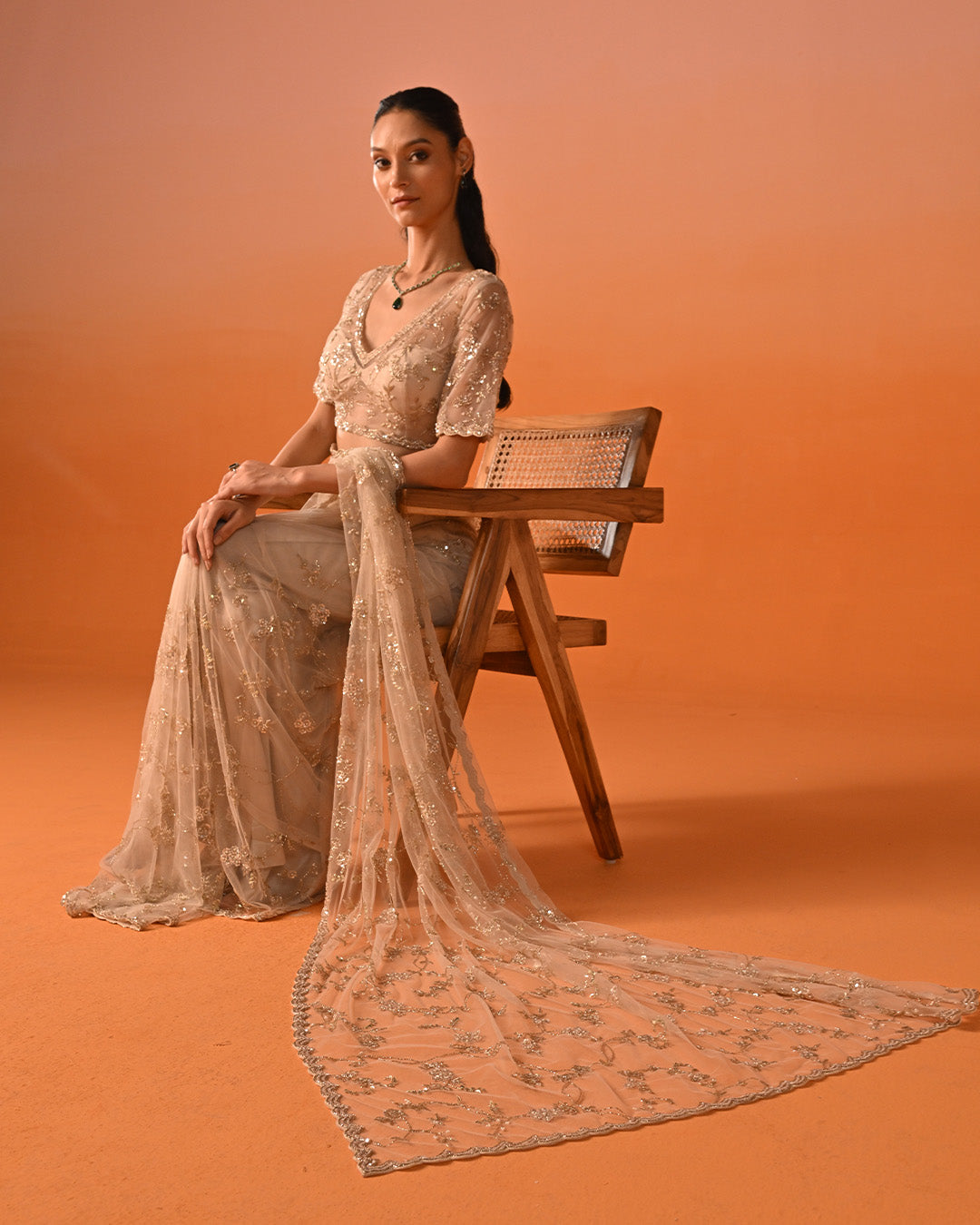 CHAMPAGNE COLOR NET ALLOVER SEQUENS CUTDANA SAREE – Romaa